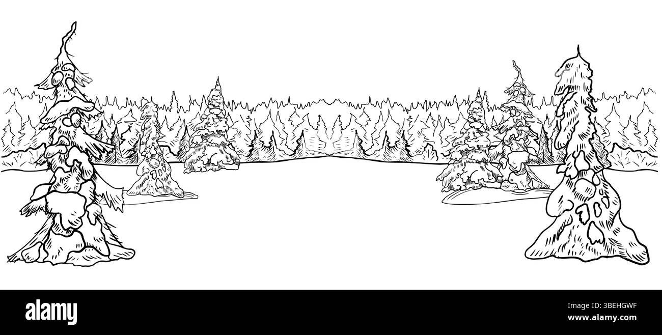 Christmas woodland border of pine trees black and white outline vector ...