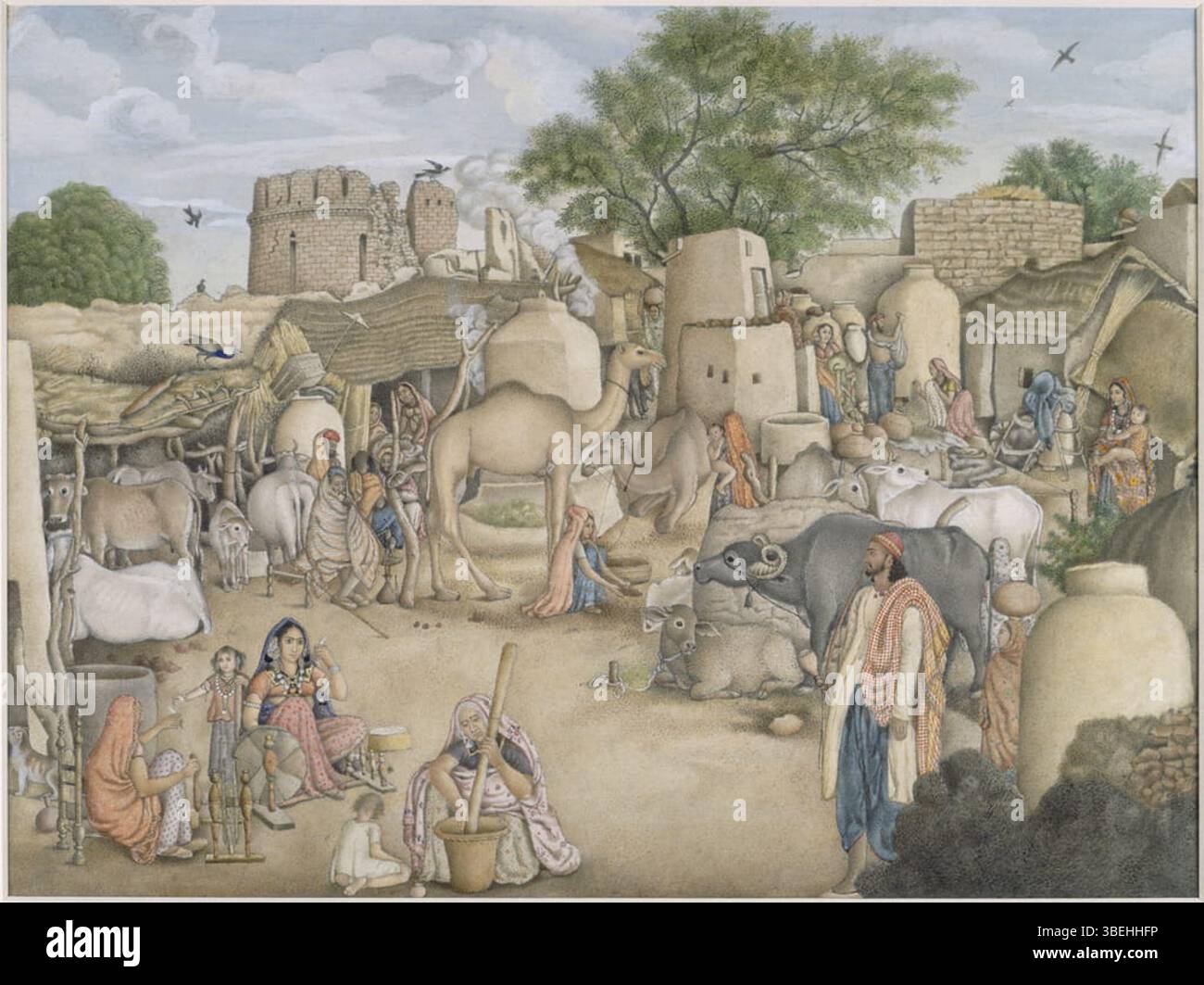 This watercolor painting, created circa 1816, depicts a street scene in ...