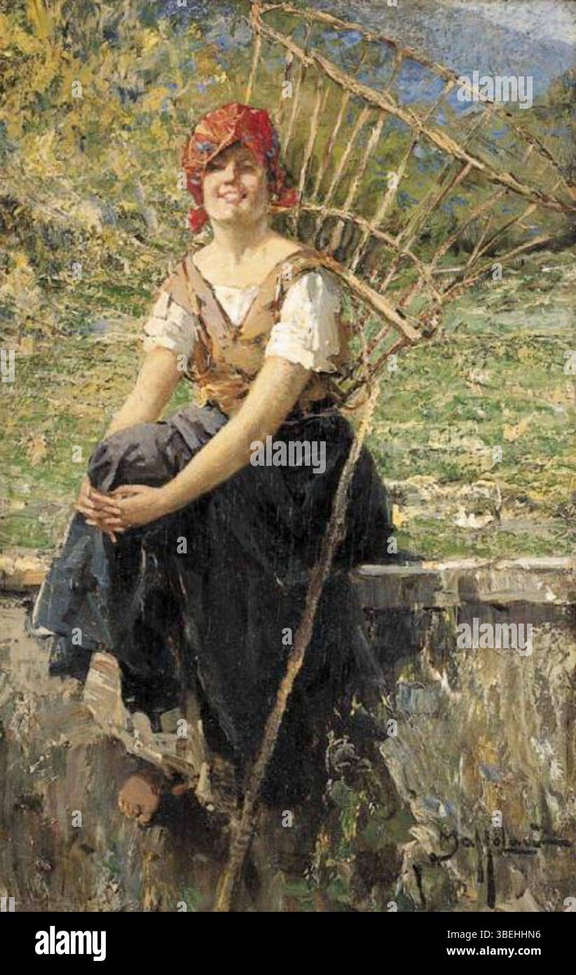 Ugo Mazzolari’s painting ‘Contadina con Gerla a Lierna’ shows a peasant ...