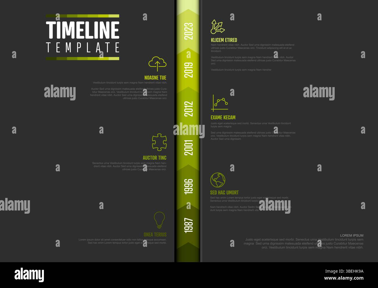 A professional dark minimalist timeline template with dates and icons ...