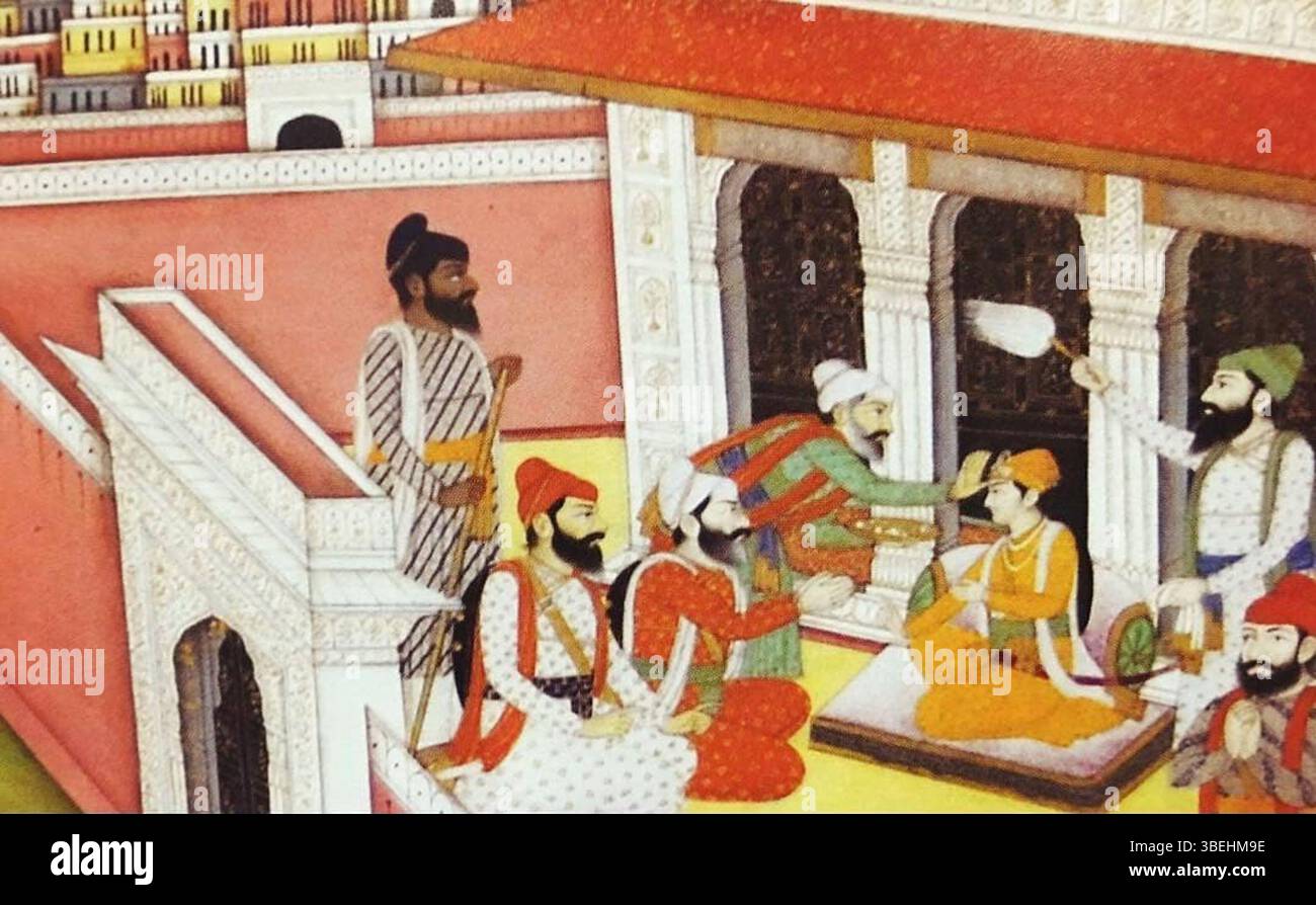 This painting, possibly by Basahathullah, depicts the Gurgadi ceremony of Guru Gobind Singh in ...