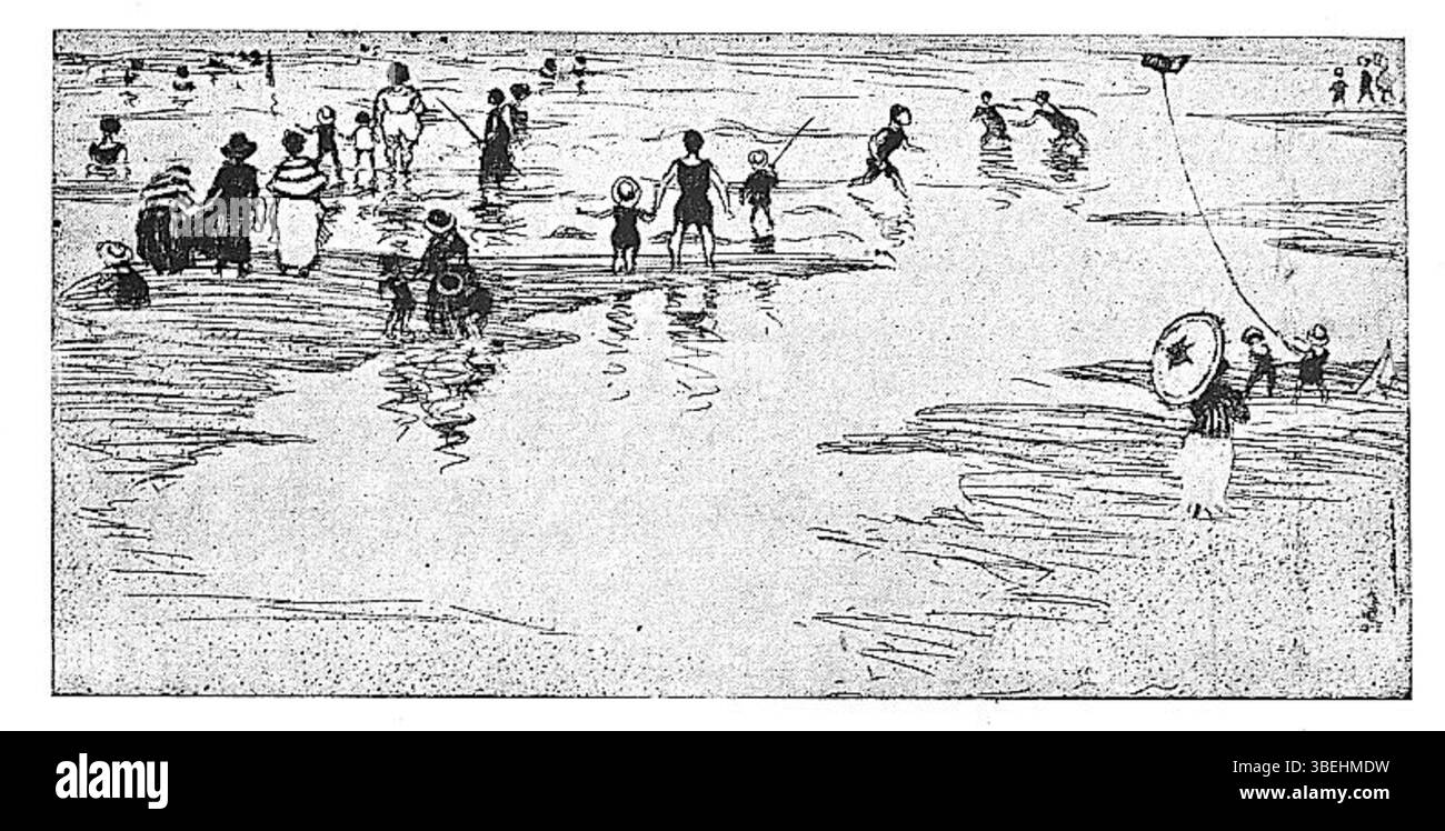 A 1924 etching titled *La Plage* by Albert Varadi, illustrating a beach ...