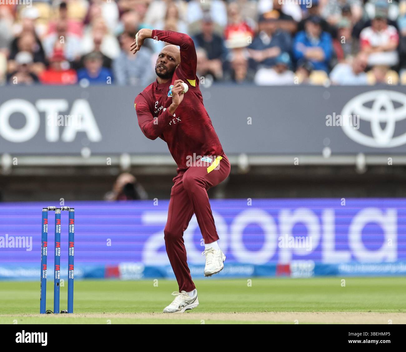 Birmingham, UK. 29th May, 2025. Roston Chase of West Indies delivers ...