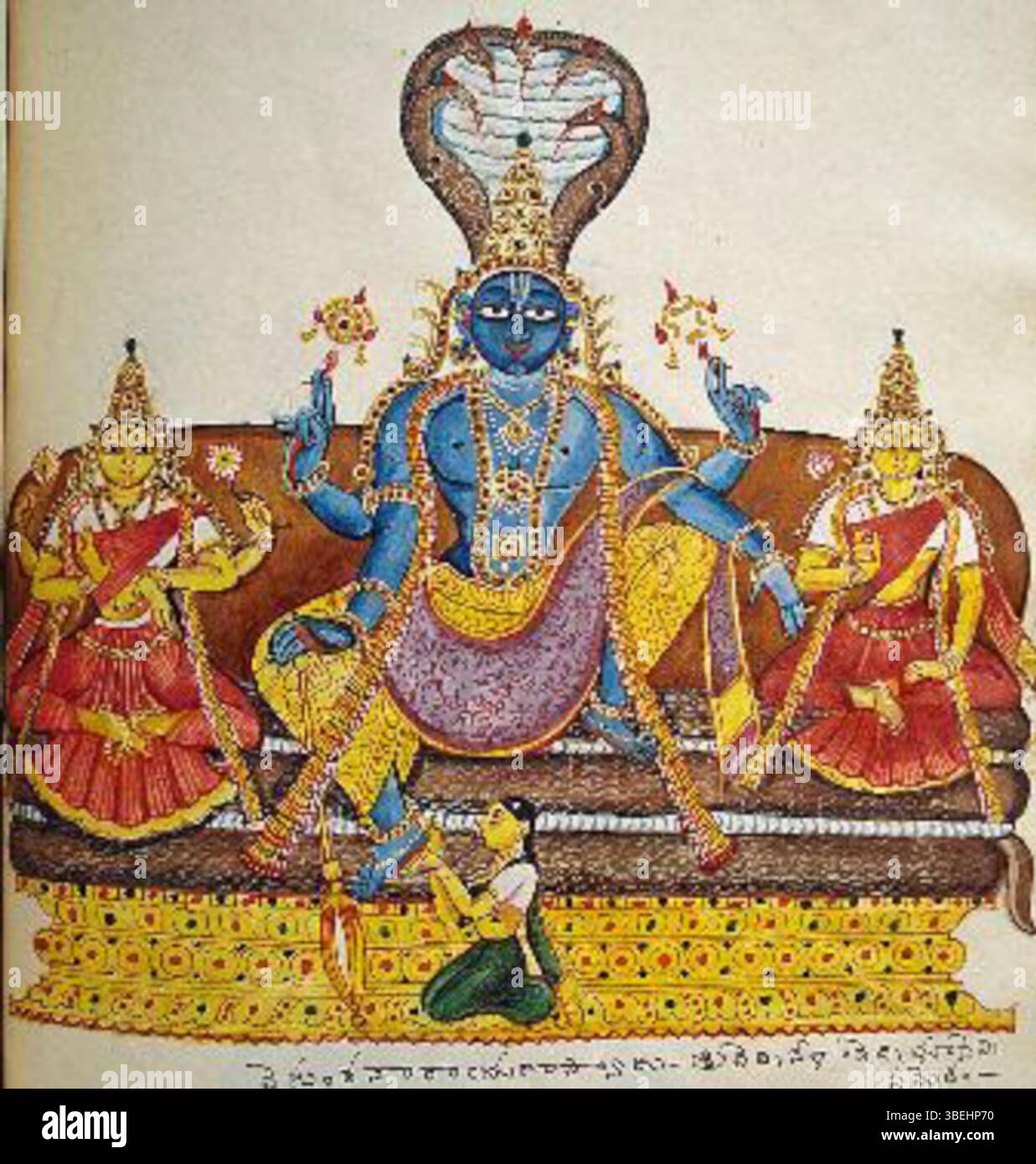 The artwork depicts Vishnu with his consorts Shridevi (Lakshmi), Bhudevi, and Niladevi, created ...