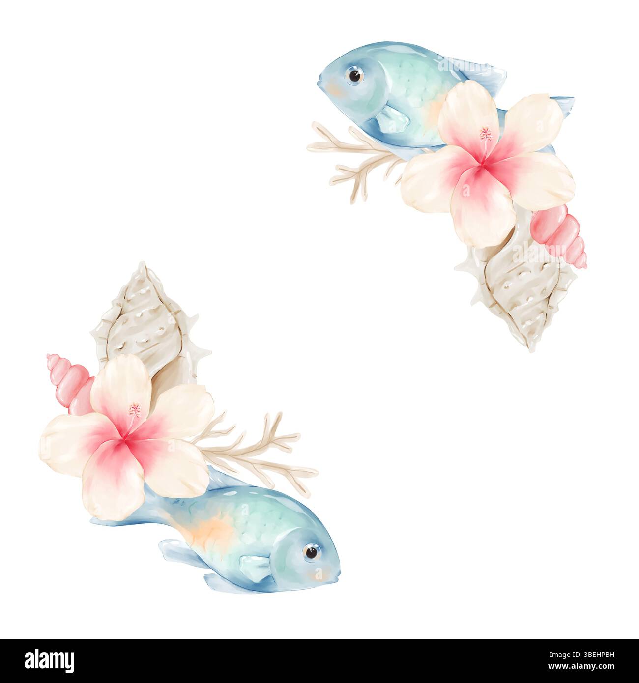 Watercolor corner compositions with tropical fish, seashells, hibiscus ...