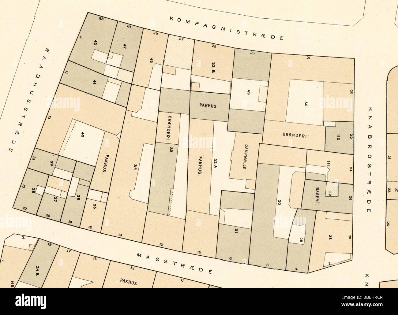 Detail from Berggreen's cadastral map of Snarens Kvarter in Copenhagen ...