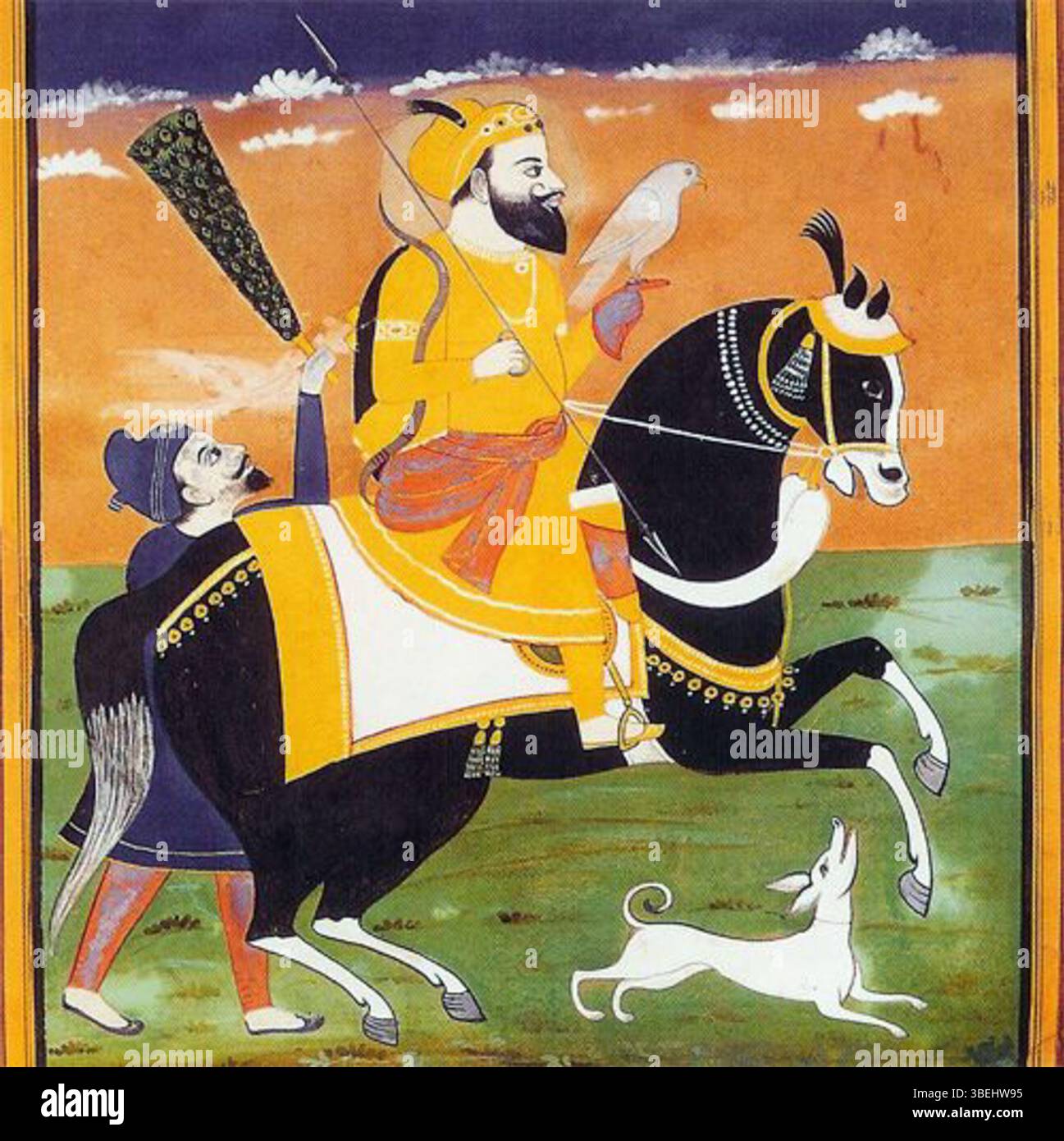 This equestrian painting depicts Guru Hargobind, accompanied by a fly ...