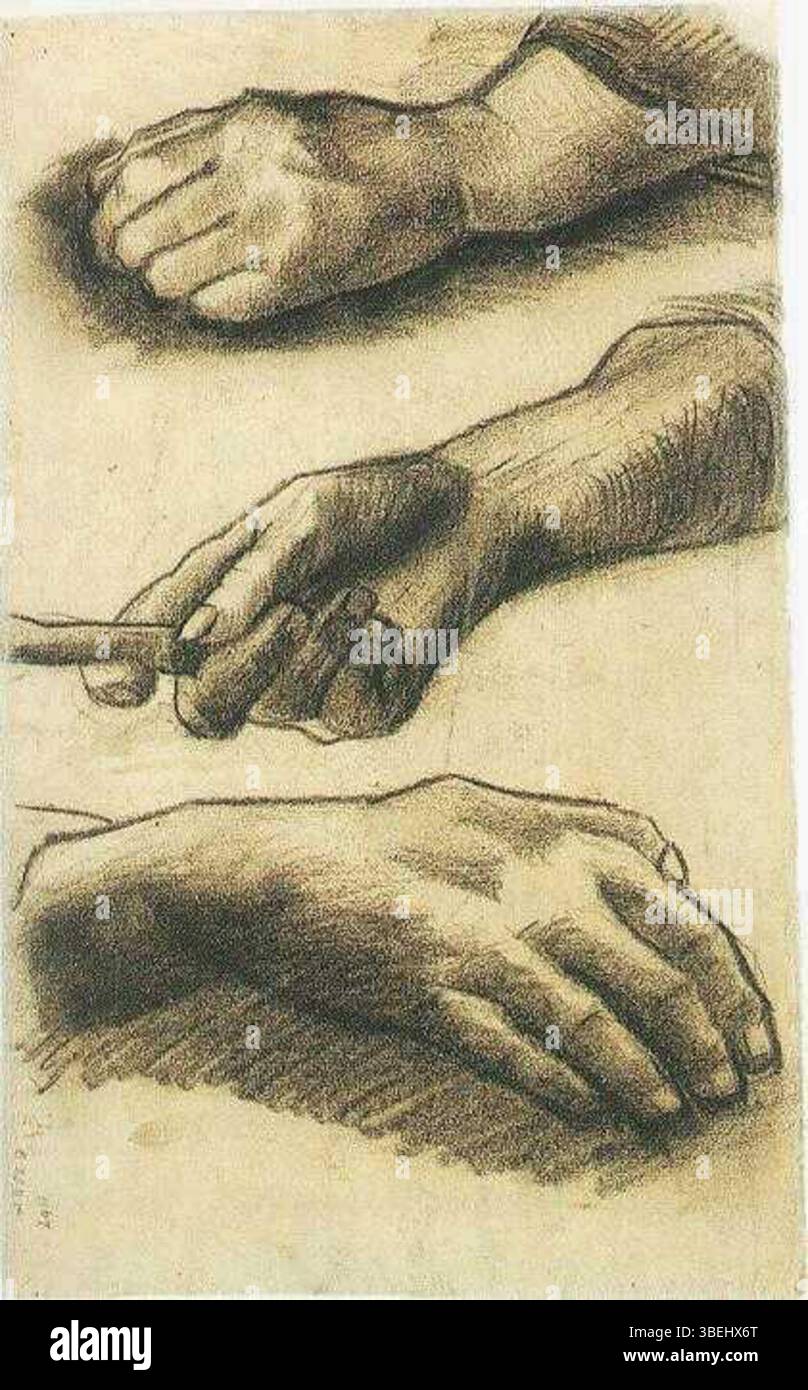 Vincent van Gogh drawing titled 'Three Hands', showing studies of hands ...