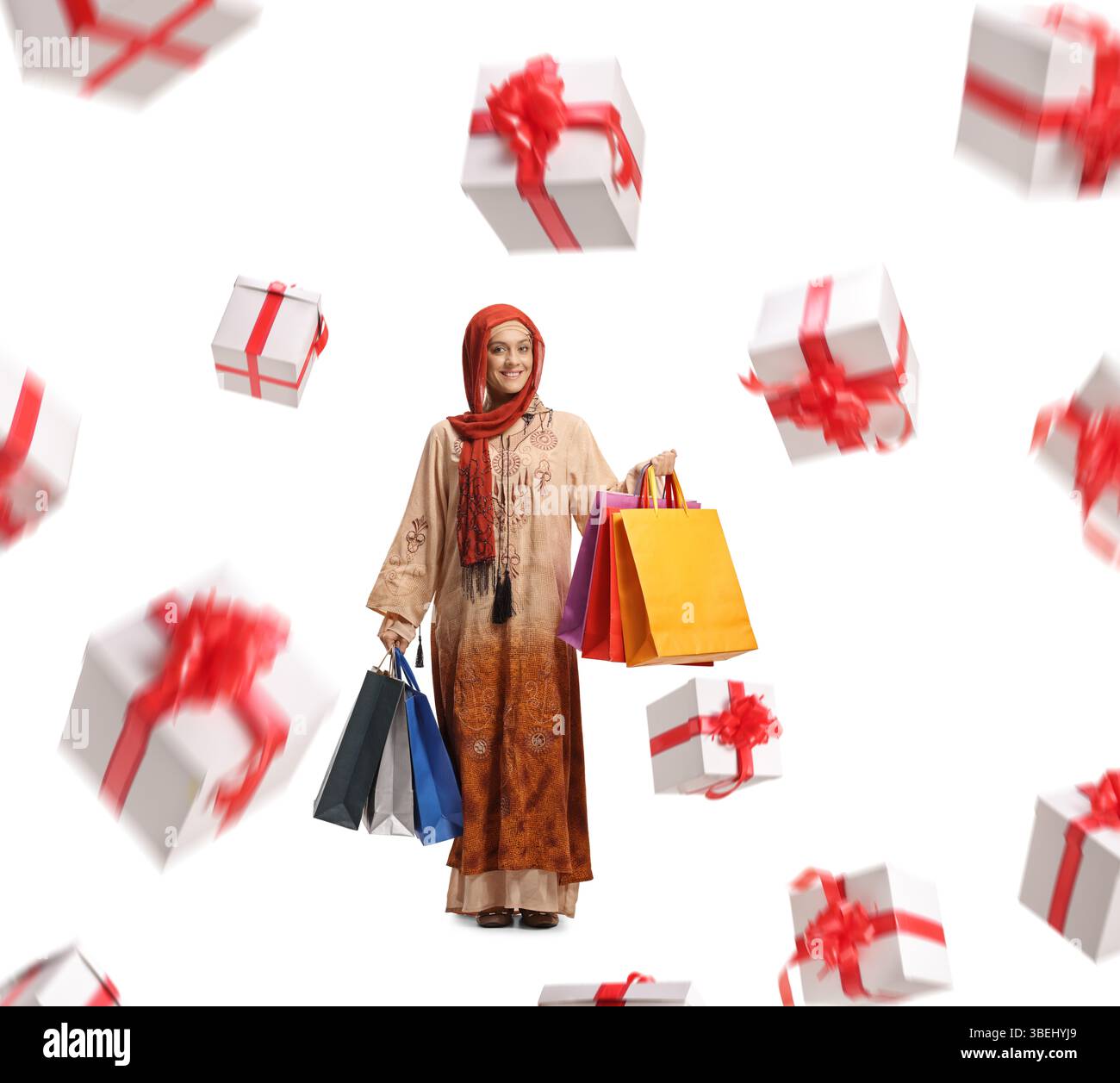 Full length portrait of a middle eastern woman with shopping bags and ...