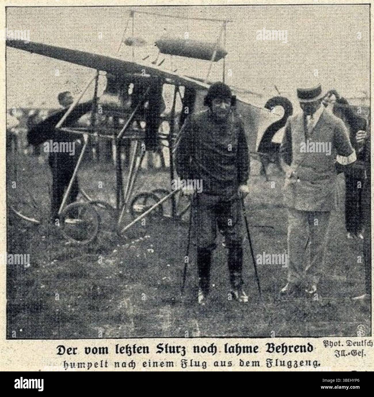 The photograph shows aviation pioneer Adolf Behrend after a crash ...