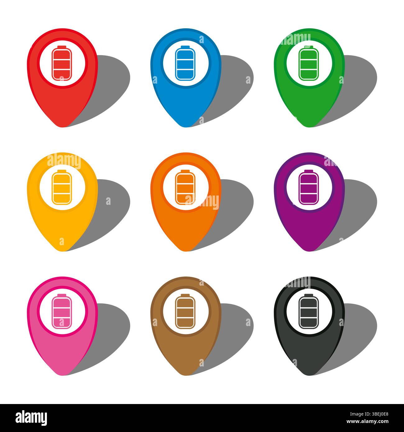 Set of nine colorful map pointers with battery sign in white circle and ...