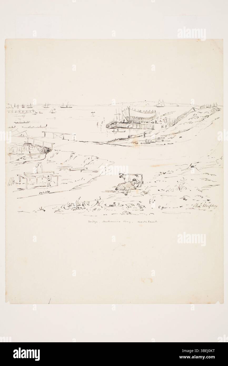 Charles Heaphy's drawing titled 'Bridge, Mechanics Bay, Auckland ...