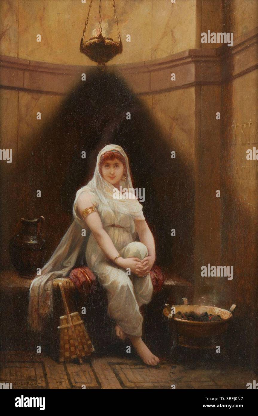 Louis Hector Leroux's undated painting, 'Vestal under a lamp guarding ...