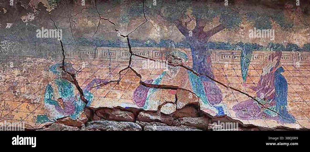 This faded fresco, likely created in the 18th or 19th century, depicts Guru Nanak with Mardana ...