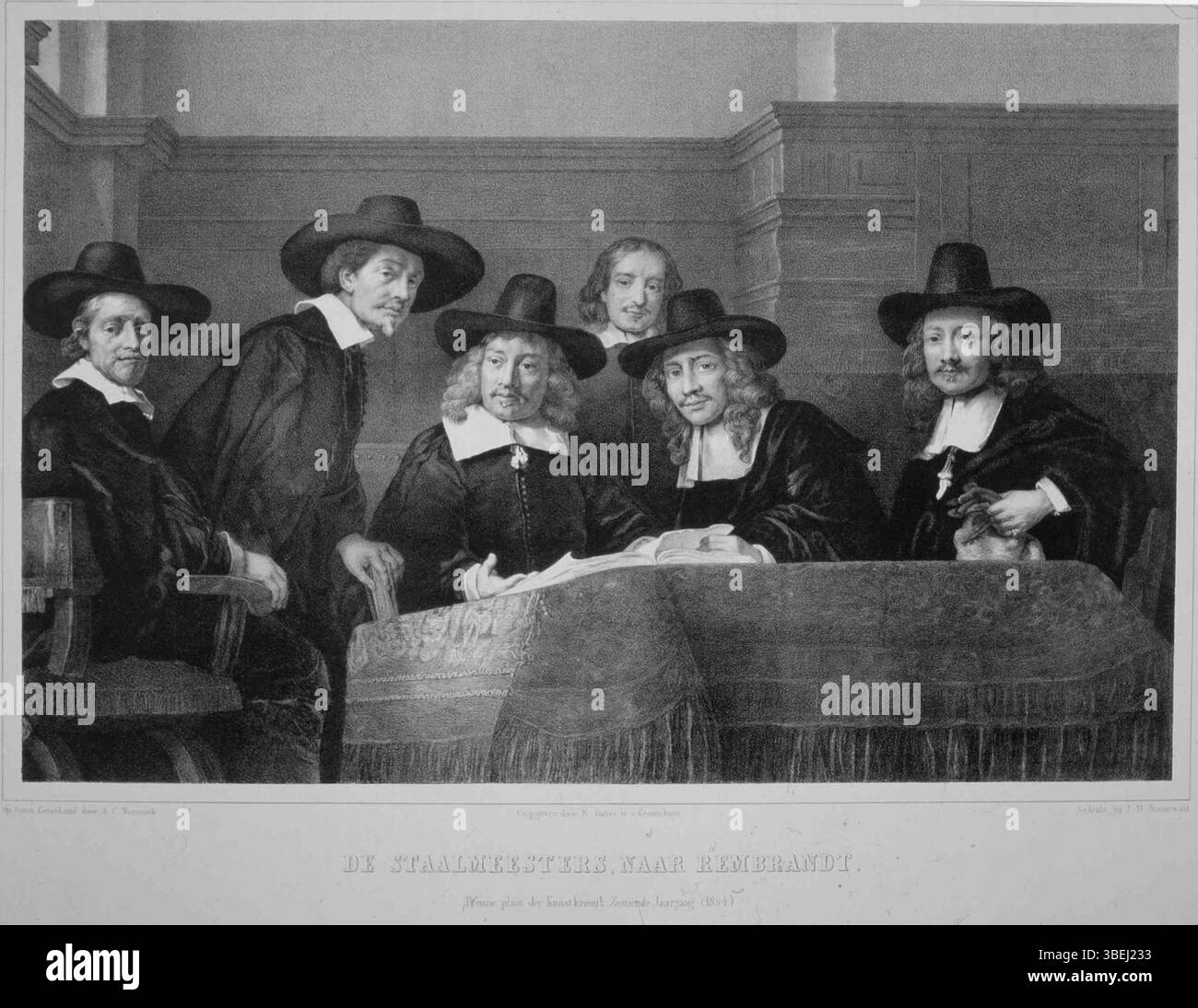 This engraving, titled 'De staalmeesters' or 'The Syndics,' is by Adolf ...