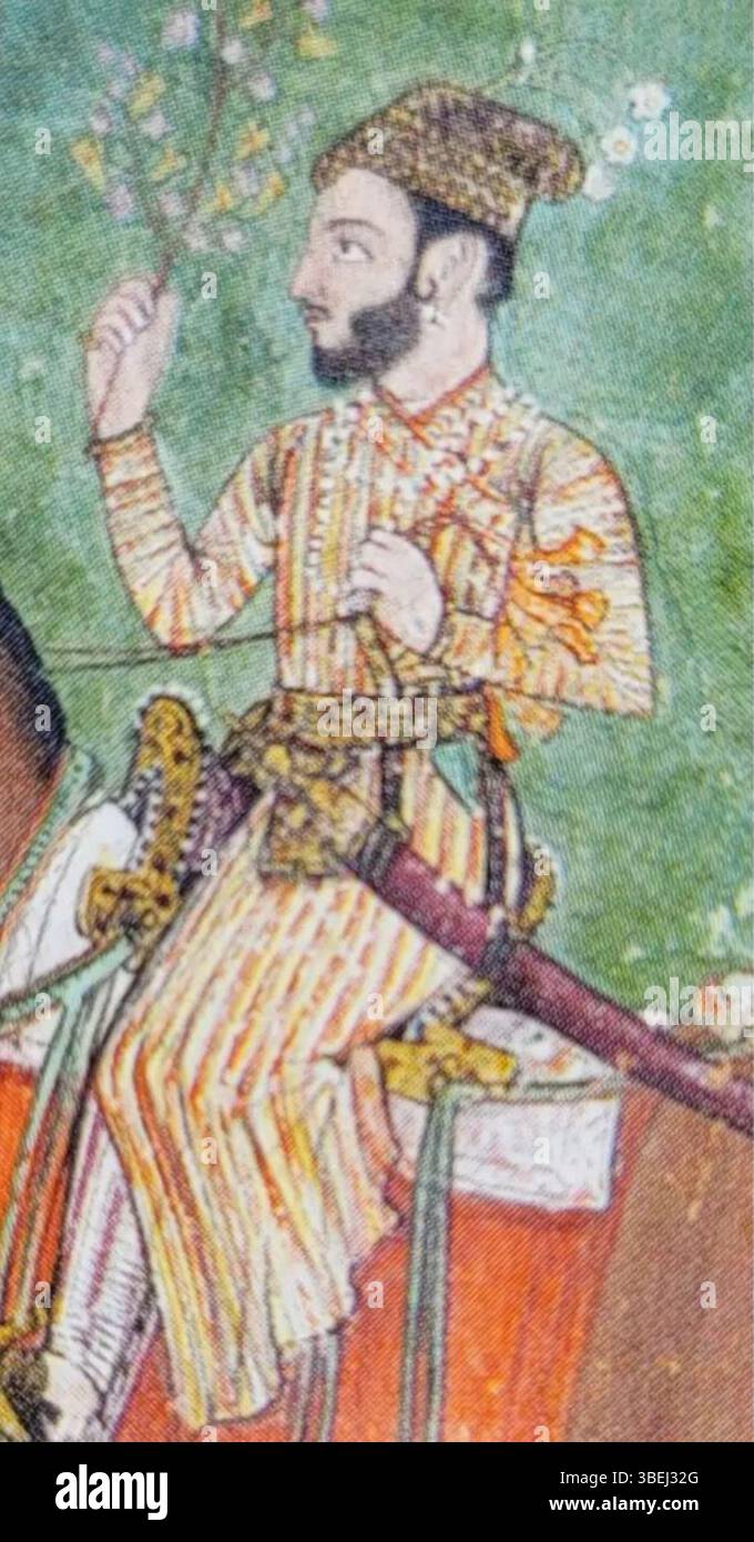 This is a detail of an equestrian painting of Guru Har Rai, a prominent ...