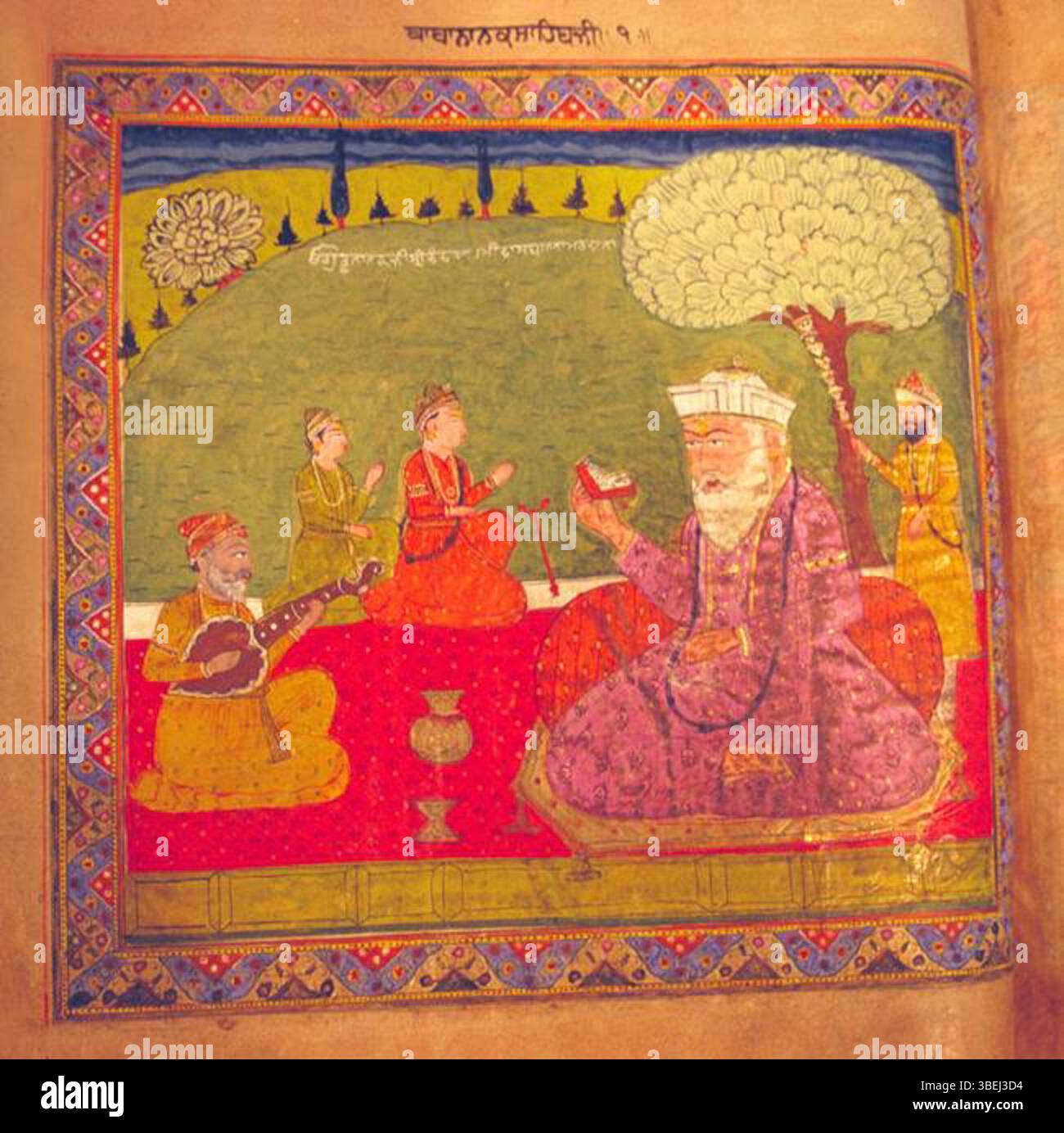 This painting from a manuscript, dating between the 17th and 19th centuries, depicts Guru Nanak ...