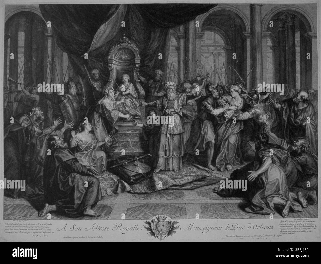 Jean Audran’s engraving depicts the Biblical story of Athalie being ...