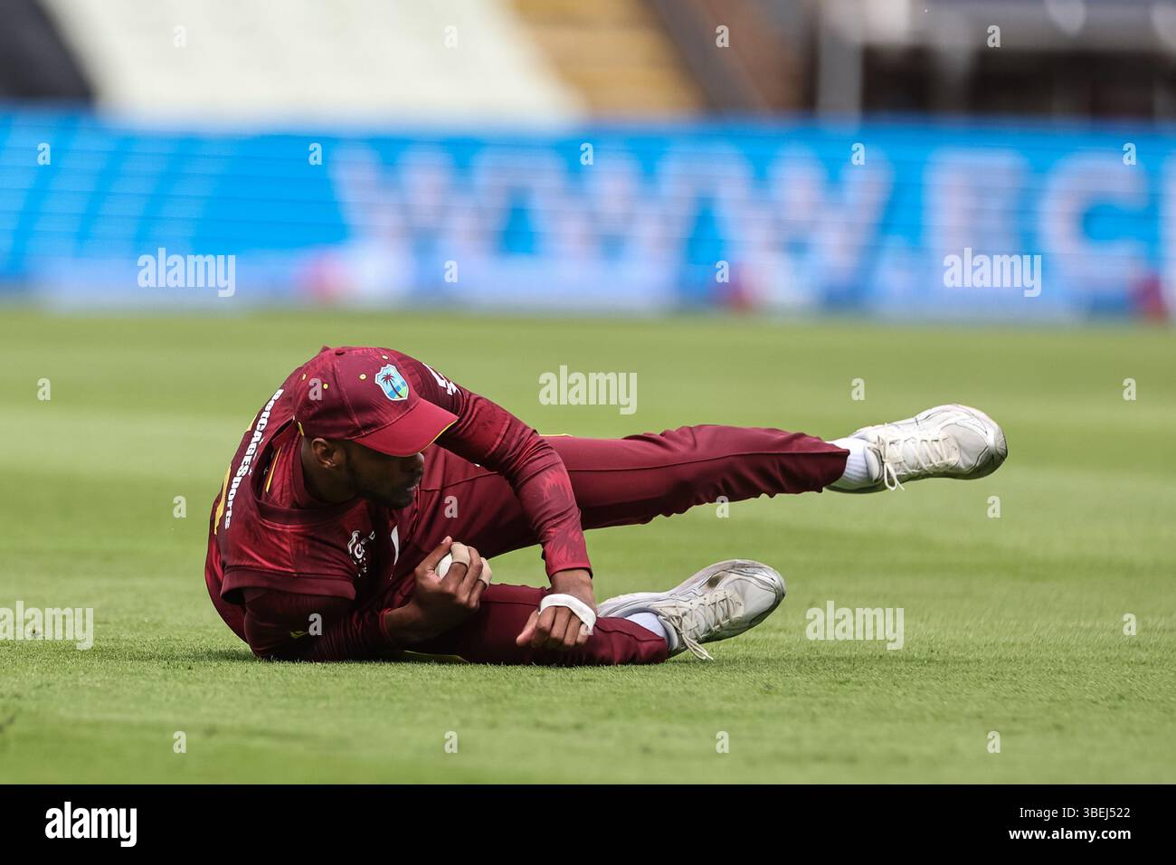 Birmingham, UK. 29th May, 2025. Roston Chase of West Indies catches out Ben Duckett of England ...