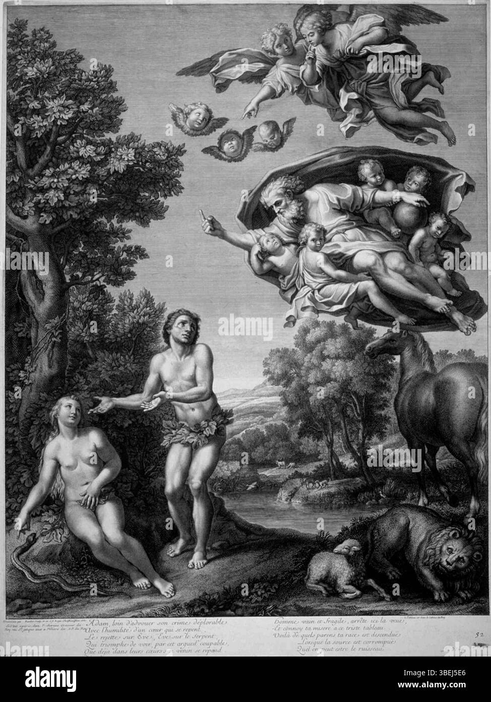 Artwork depicting God the Father admonishing Adam and Eve for their disobedience. Created by ...