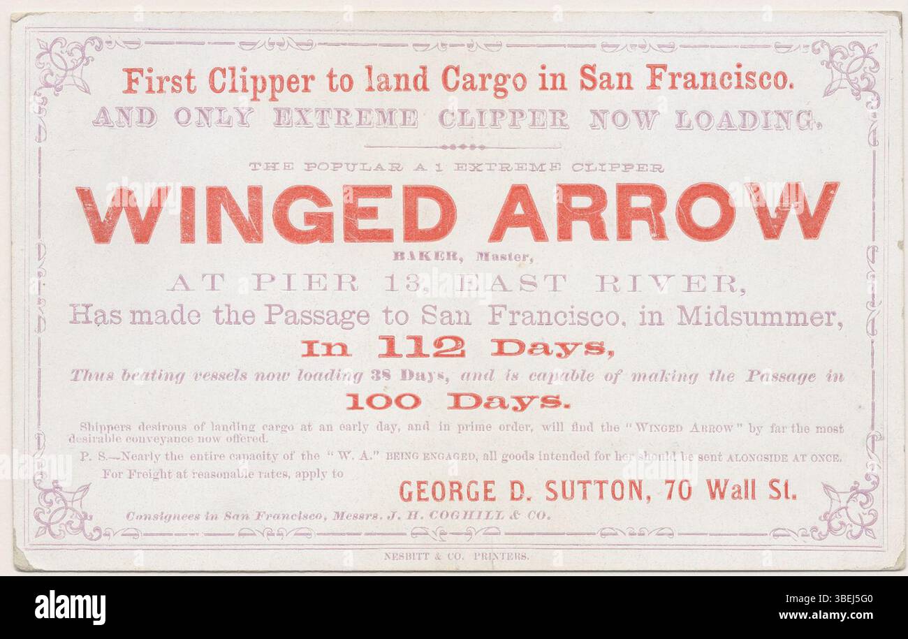 A 19th-century sailing card featuring the *Winged Arrow*, a clipper ...