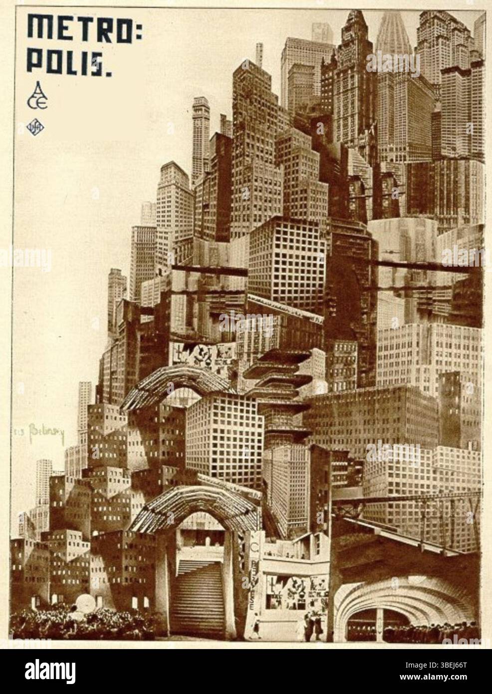 Boris Bilinsky's 1927 poster for the film *Metropolis* captures the iconic visual style of the ...