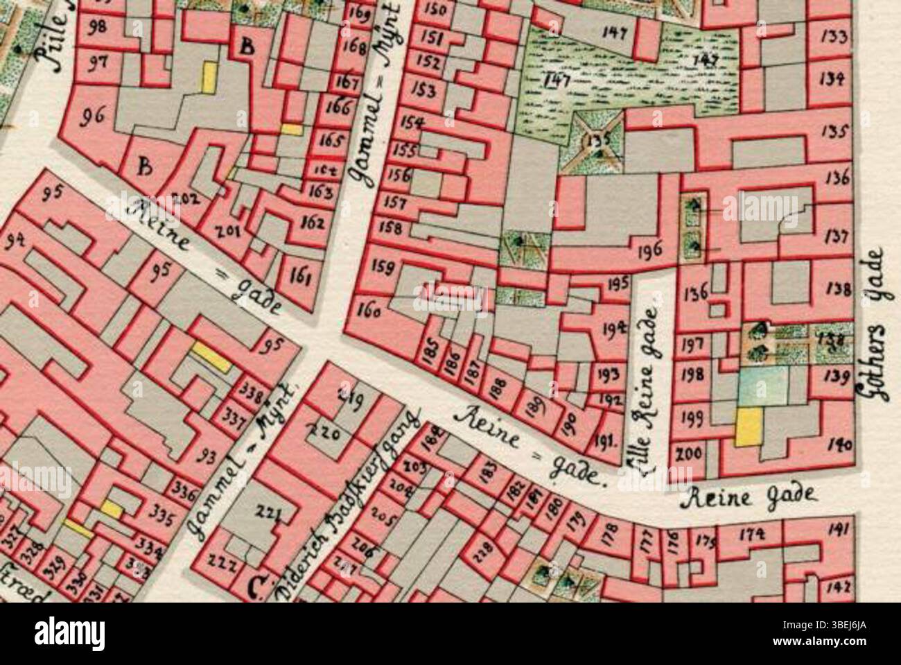 Detail from Christian Gedde's 1757 map of Købmager Kvarter in ...