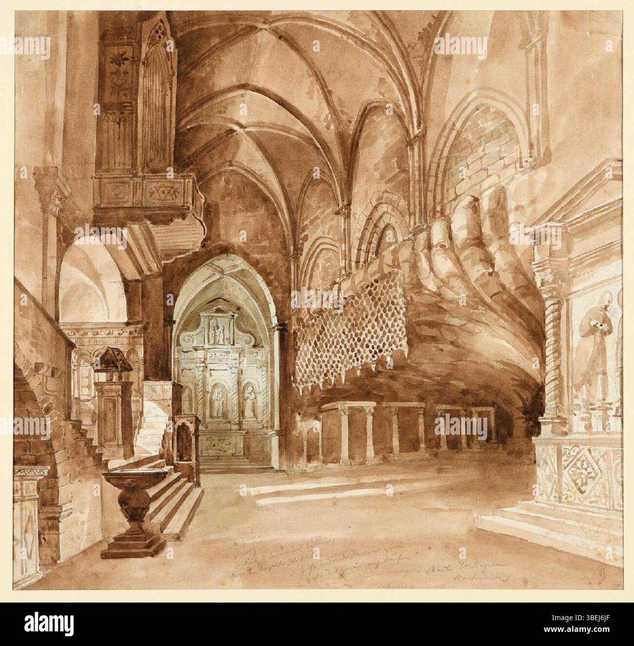 19th-century monochrome watercolor measuring 38×40 cm depicting the ...