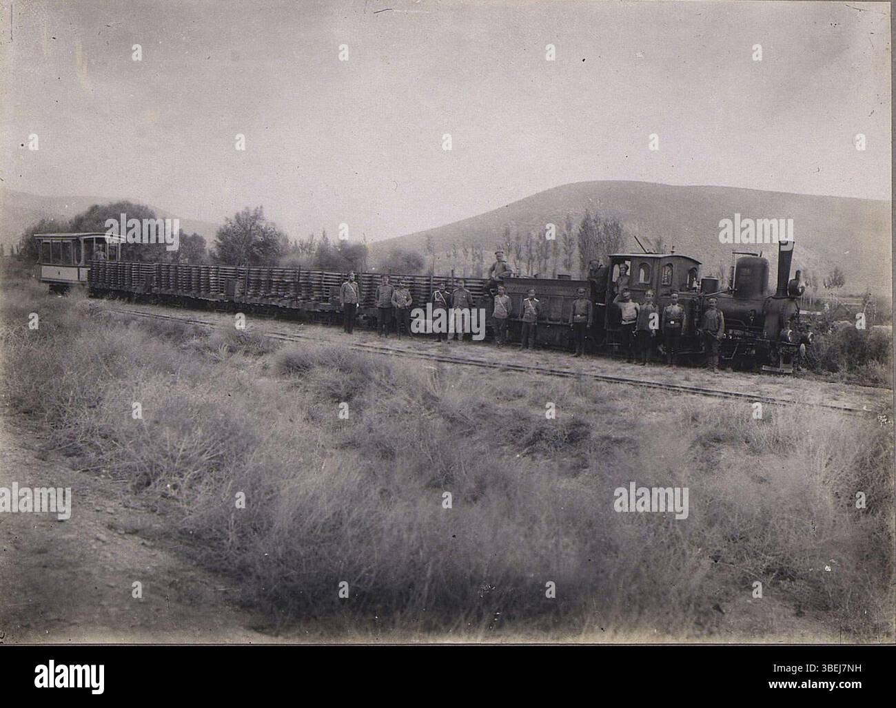 This early 20th century photograph depicts a narrow gauge railway ...