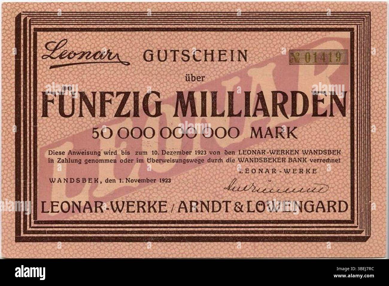 A 1923 emergency currency note from Leonar-Werke in Hamburg-Wandsbek ...