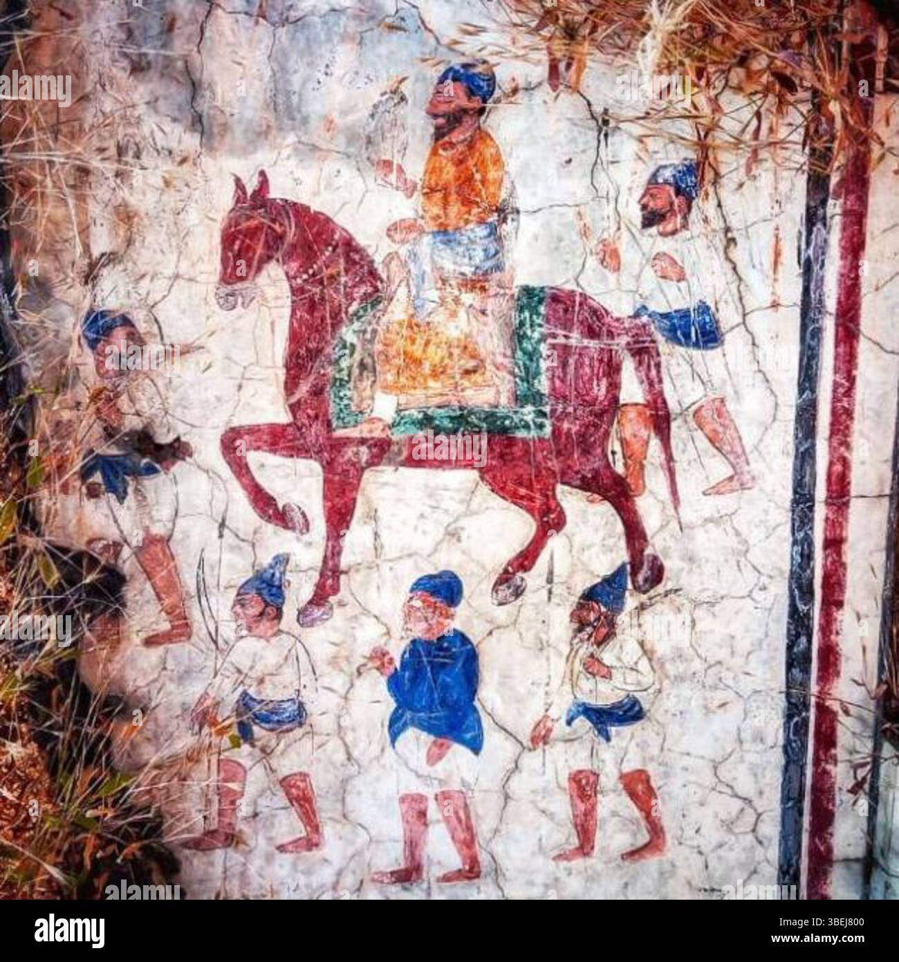 This fresco from Mansar Haveli, dated to the 18th or 19th century, depicts Guru Gobind Singh ...