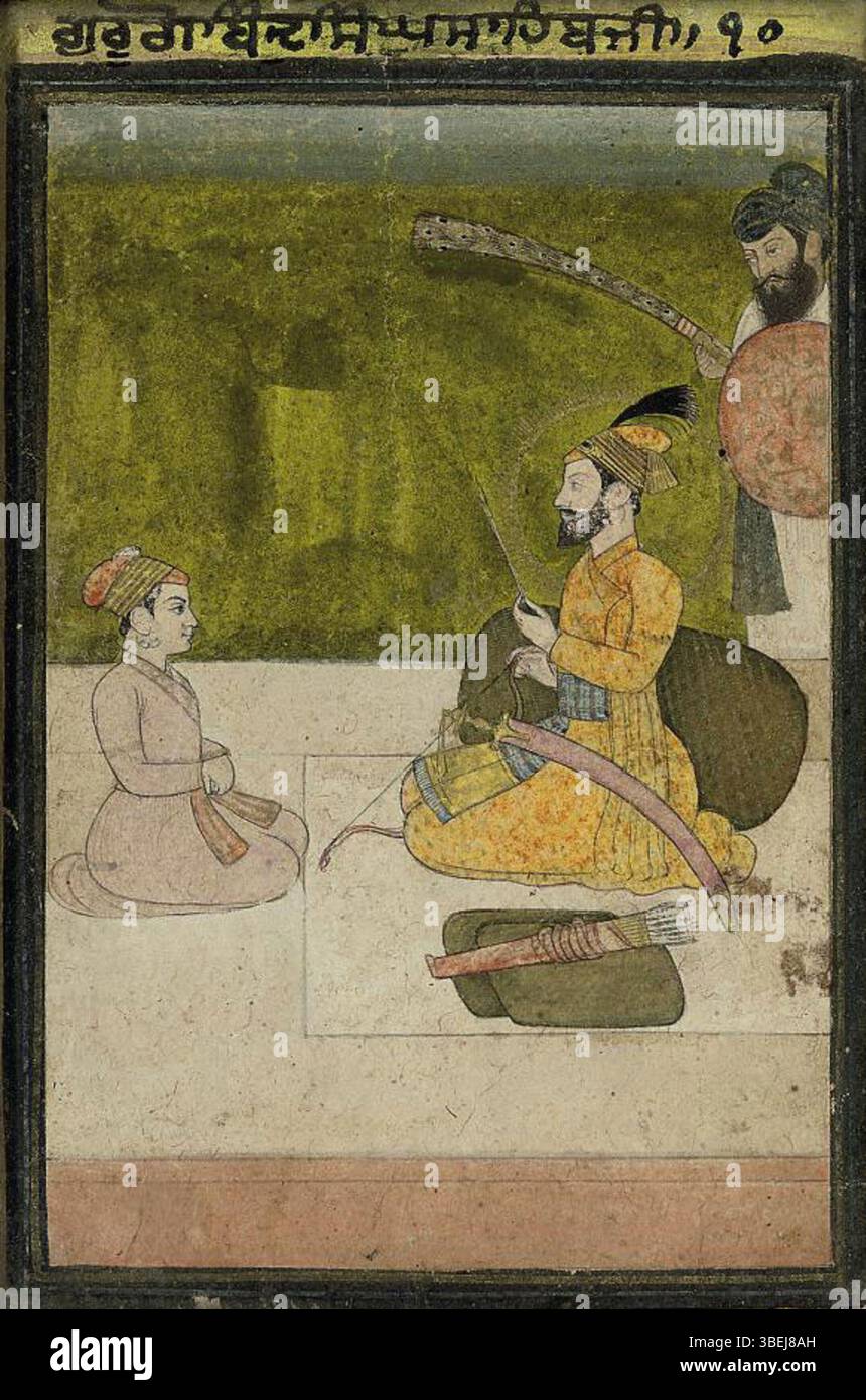 This painting depicts Guru Gobind Singh, the 10th Sikh Guru, seated with a young adolescent ...