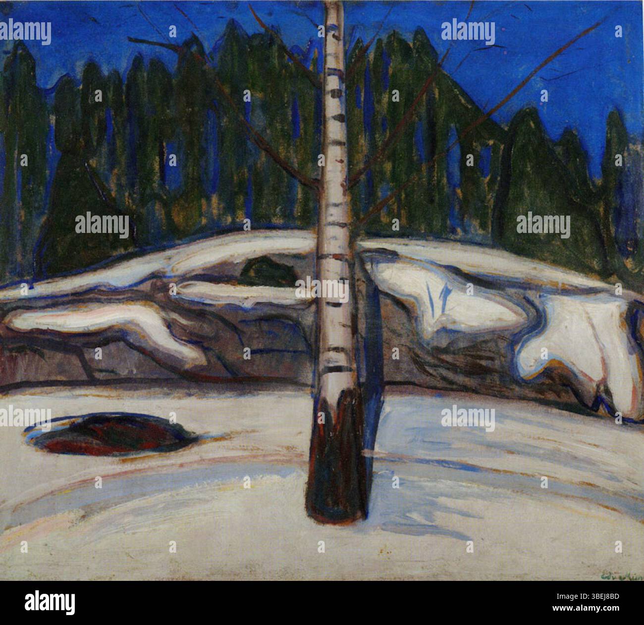 'Birch in Snow' (1901) by Edvard Munch is an oil painting on unprimed ...
