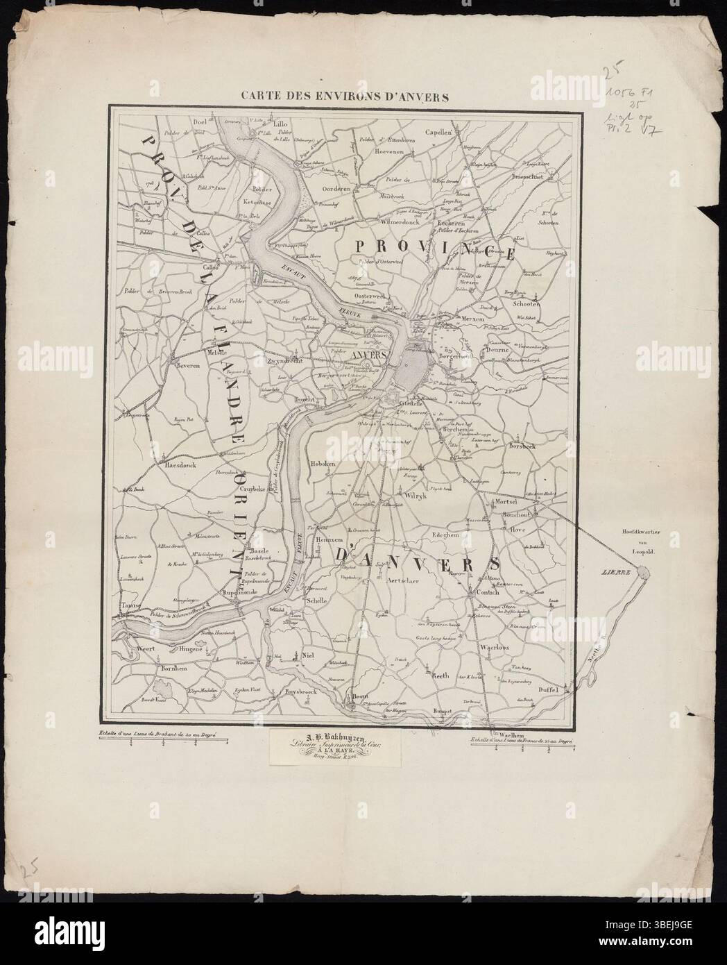 Circa 1830 map “Carte des environs d’Anvers” showing roads, waterways ...