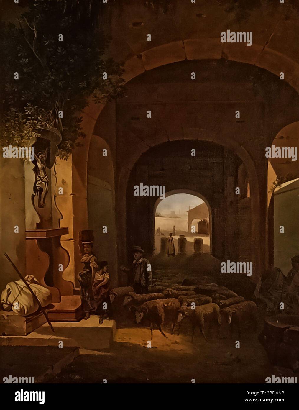 This oil painting from the 19th century depicts a shepherd with ...