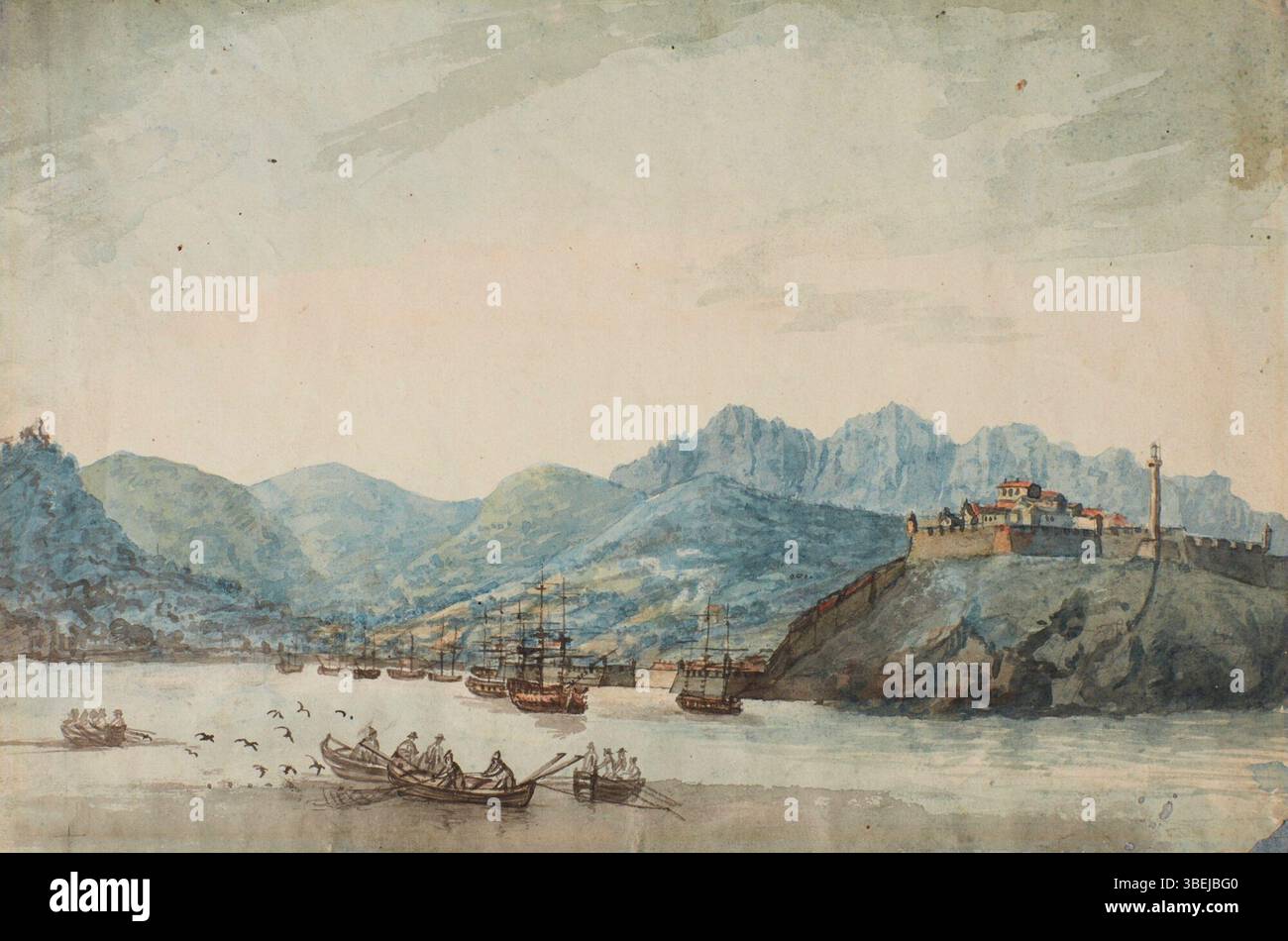 James Weir's watercolour depicts Porto Ferrajo Bay on Elba. The scene is from his time aboard ...