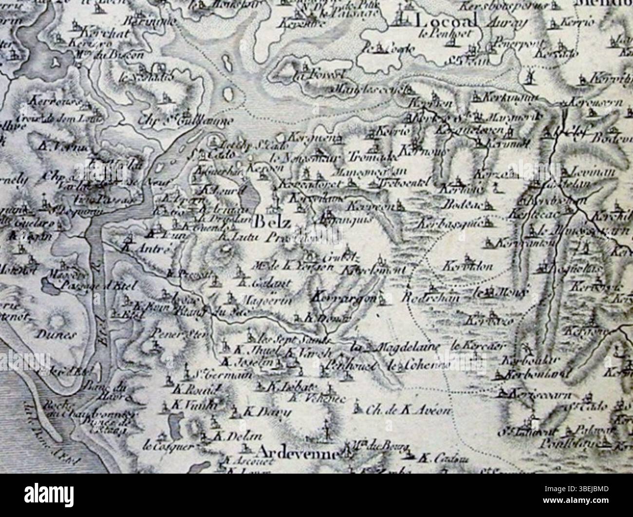 A historical map of Belz, France, from the 18th century, based on the ...