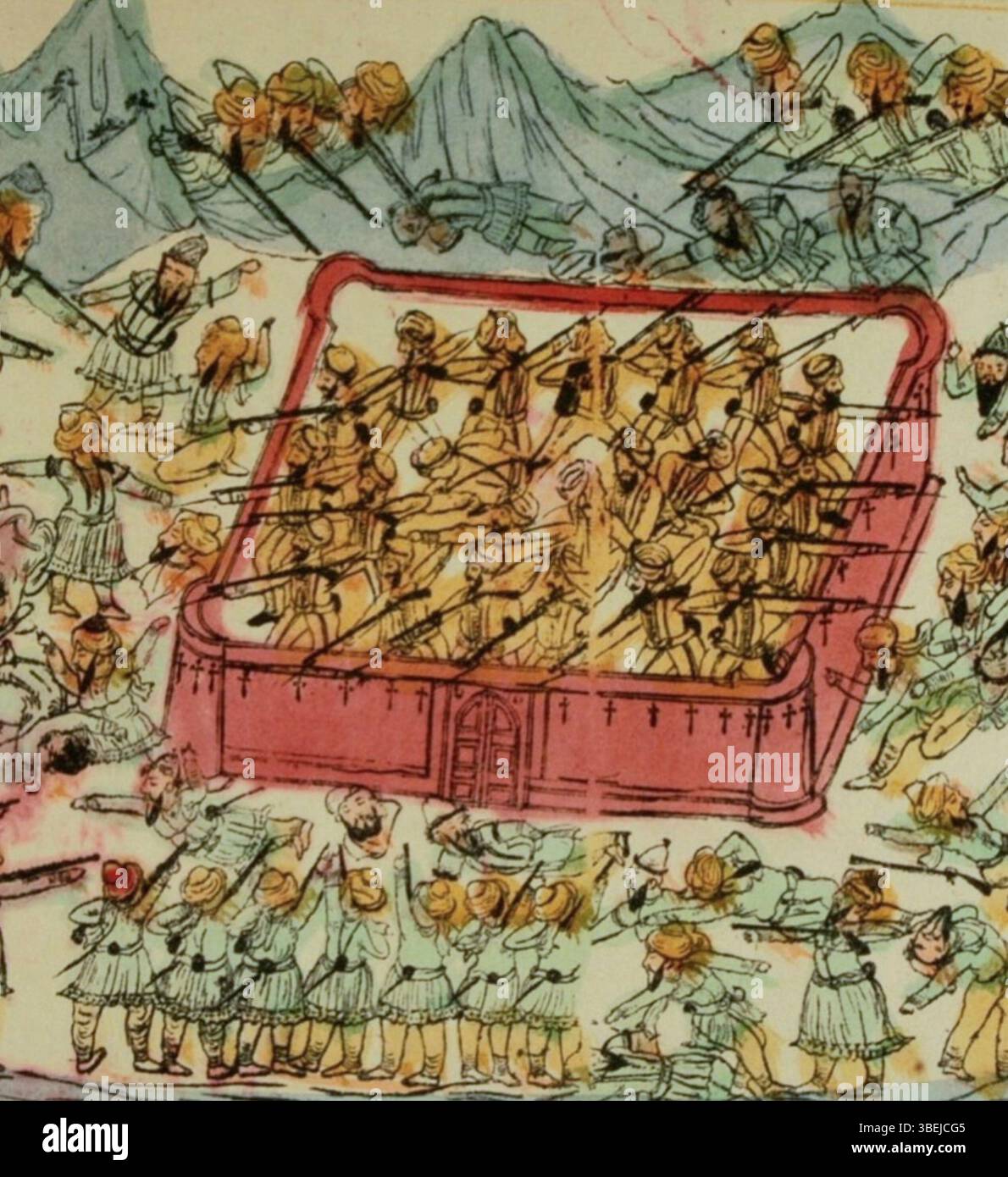 This artwork depicts the Battle of Saragarhi, part of the Tirah ...