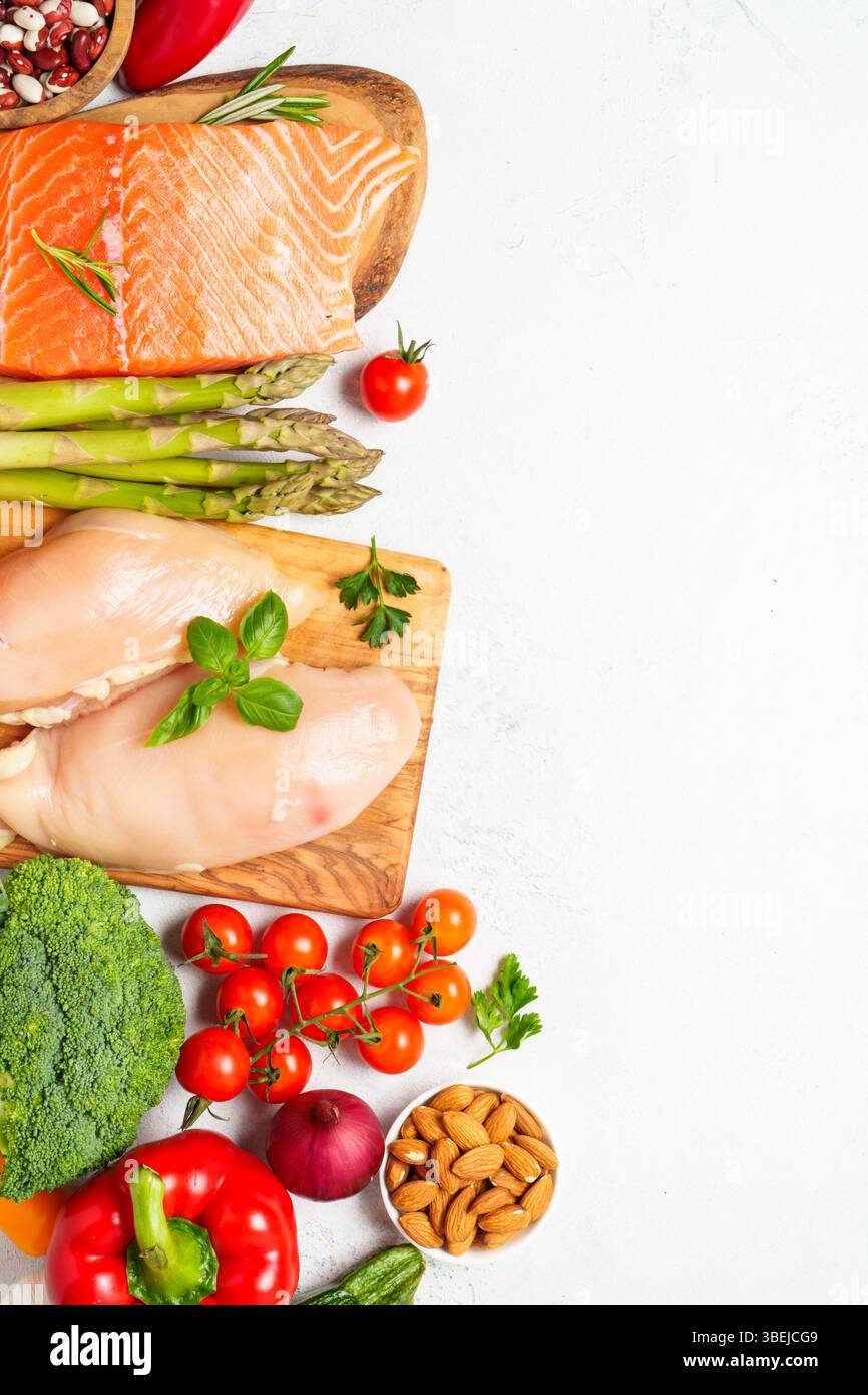 Meat, fish, vegetables, grains and fruits. Selection of food healthy ...