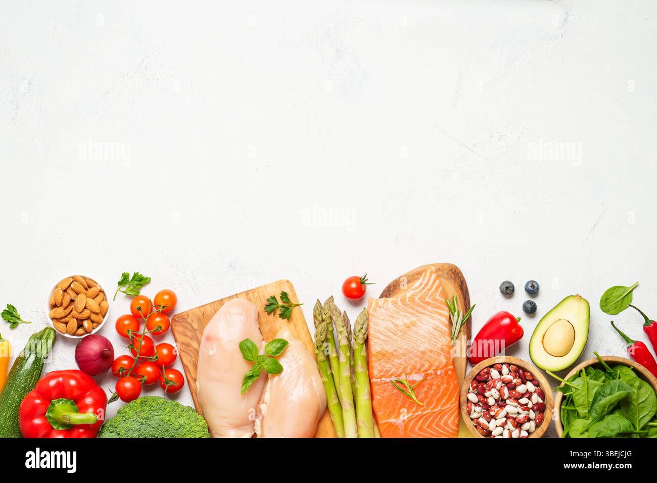 Meat, fish, vegetables, grains and fruits. Selection of food healthy ...