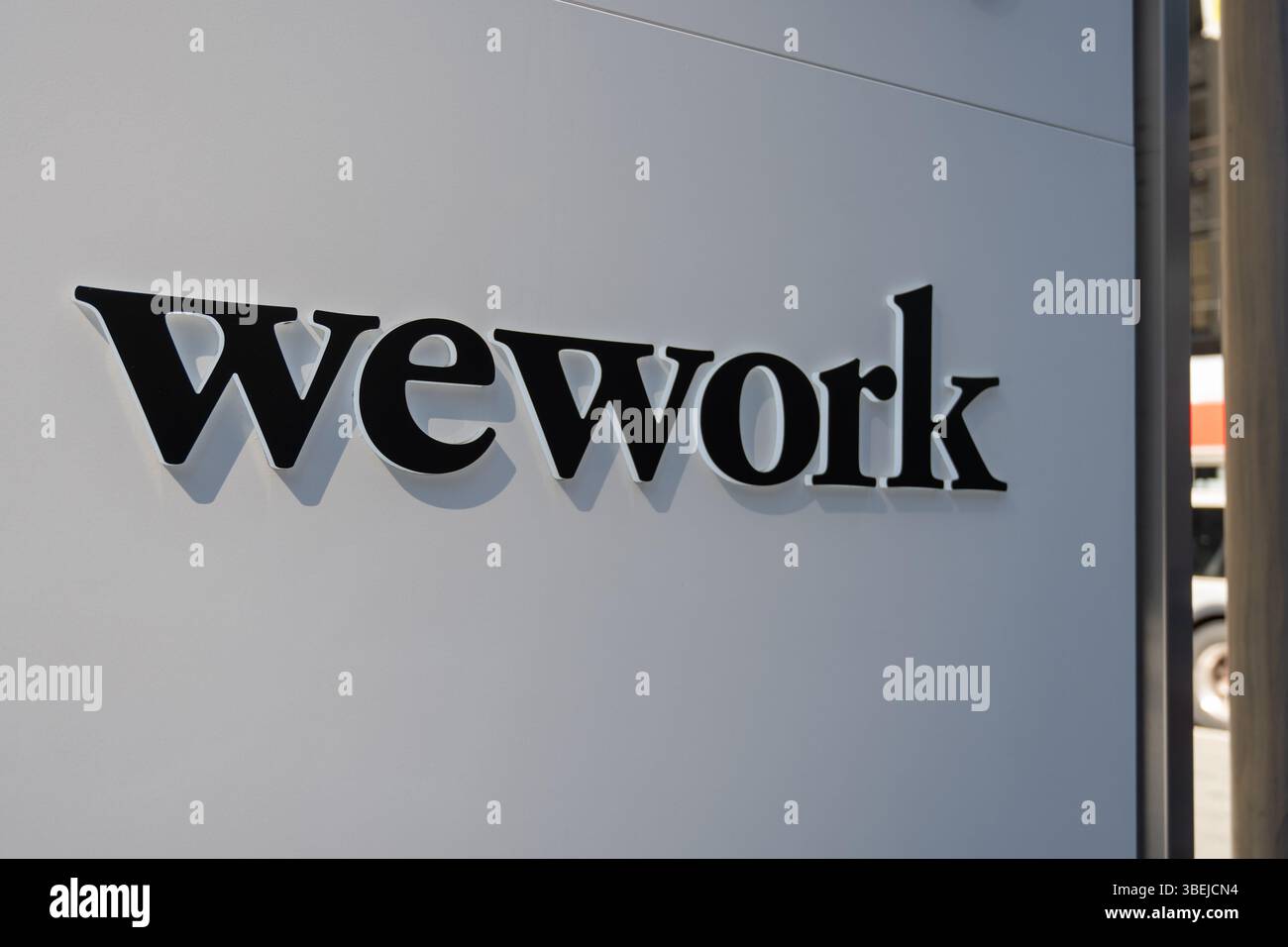 United States. 20th Aug, 2024. Close-up of the WeWork logo on the ...