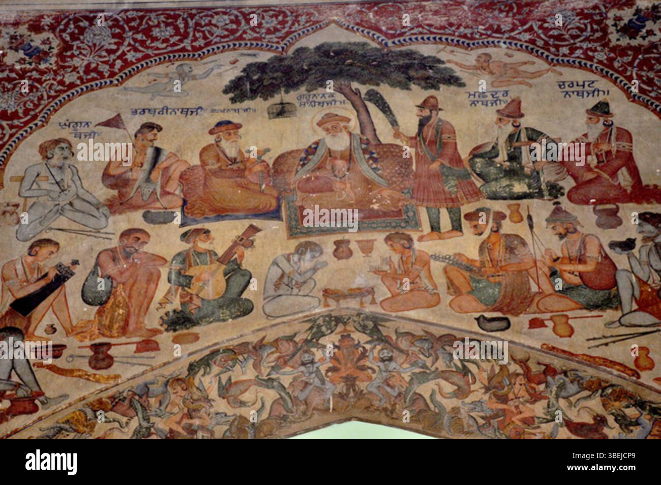 This 19th-century fresco from Akhara Bala Nand in Amritsar depicts Guru Nanak engaged in ...