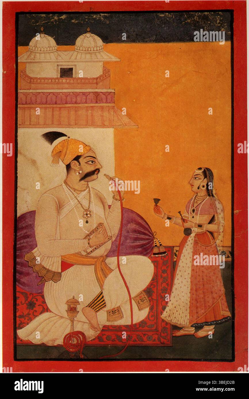 This 1700 artwork depicts Raja Kirpal Pal of Basohli State with a lady ...
