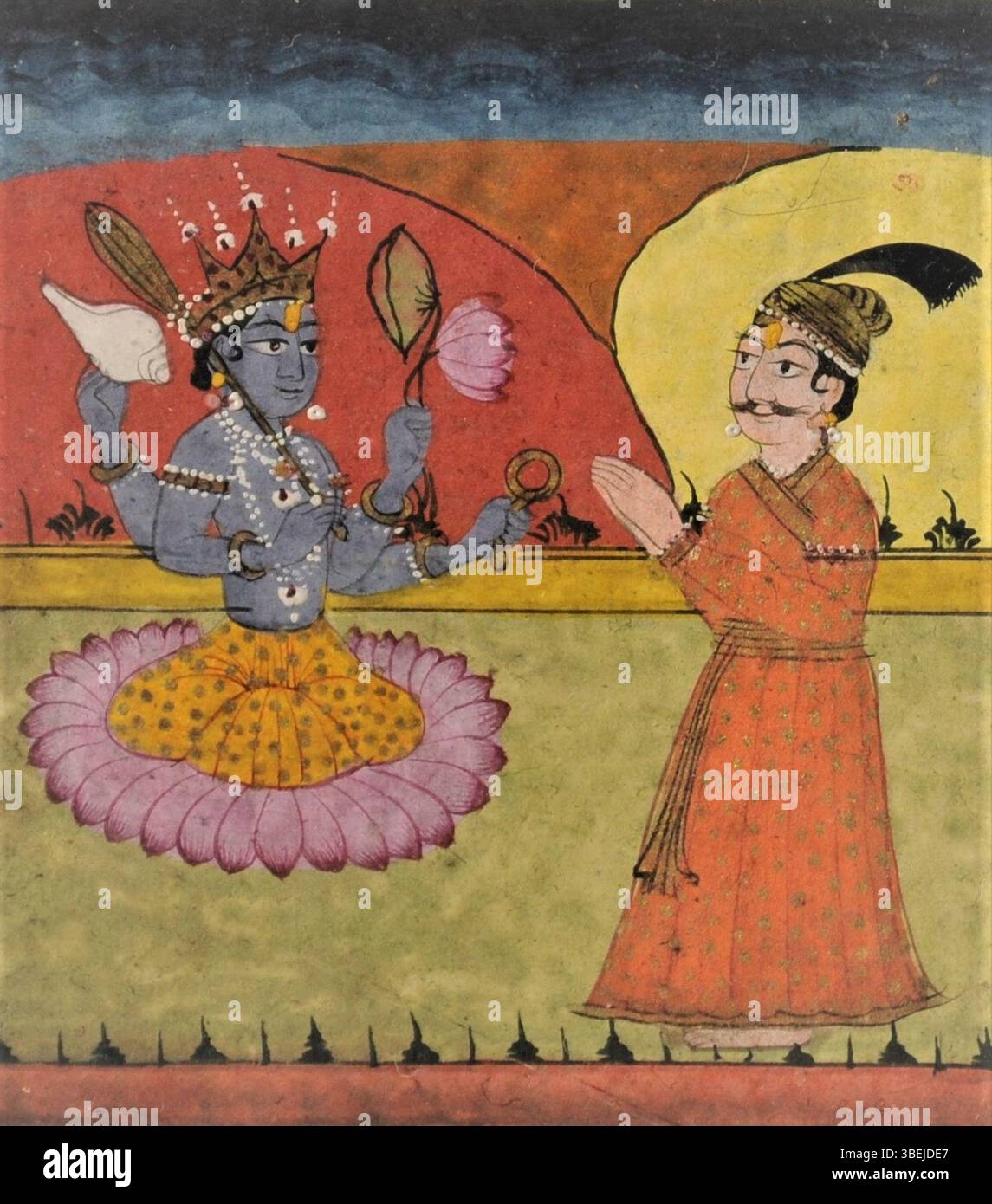This image depicts Raja Parikshit standing before the Hindu god Vishnu, painted by an unknown ...