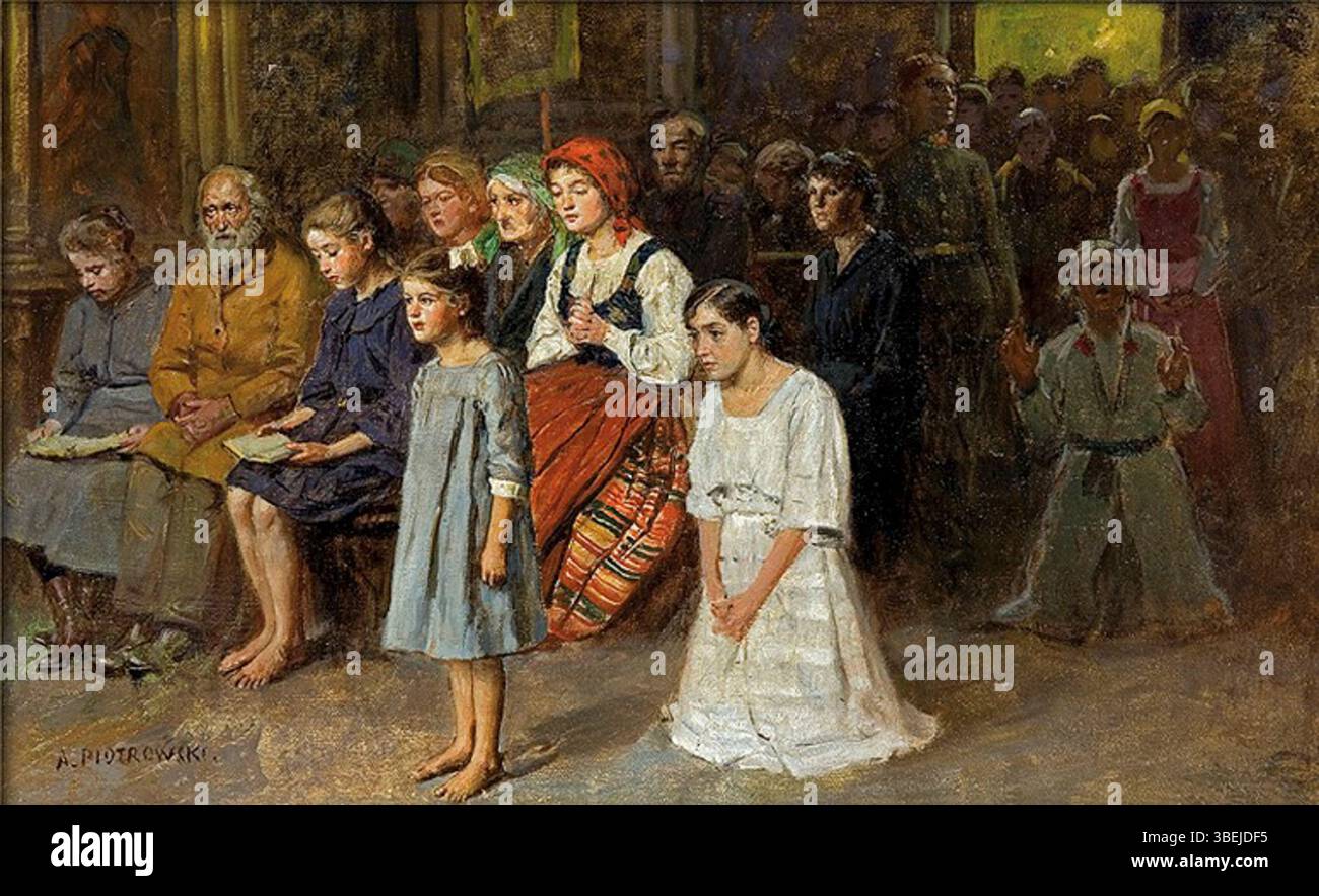 This painting by Antoni Piotrowski, titled 'Modlitwa', depicts a scene ...