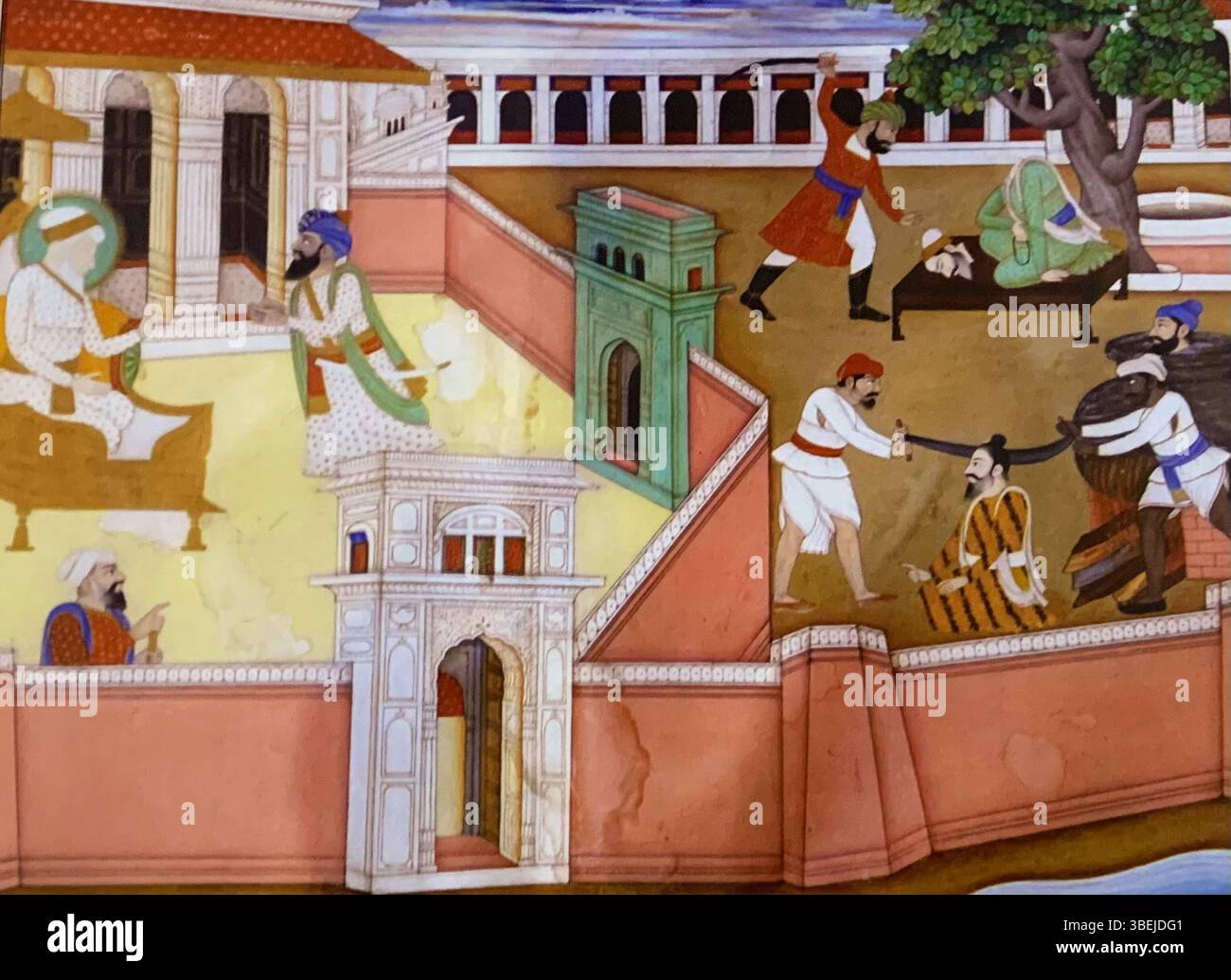 Aurangzeb, depicted seated on his throne, learns of the martyrdom of ...