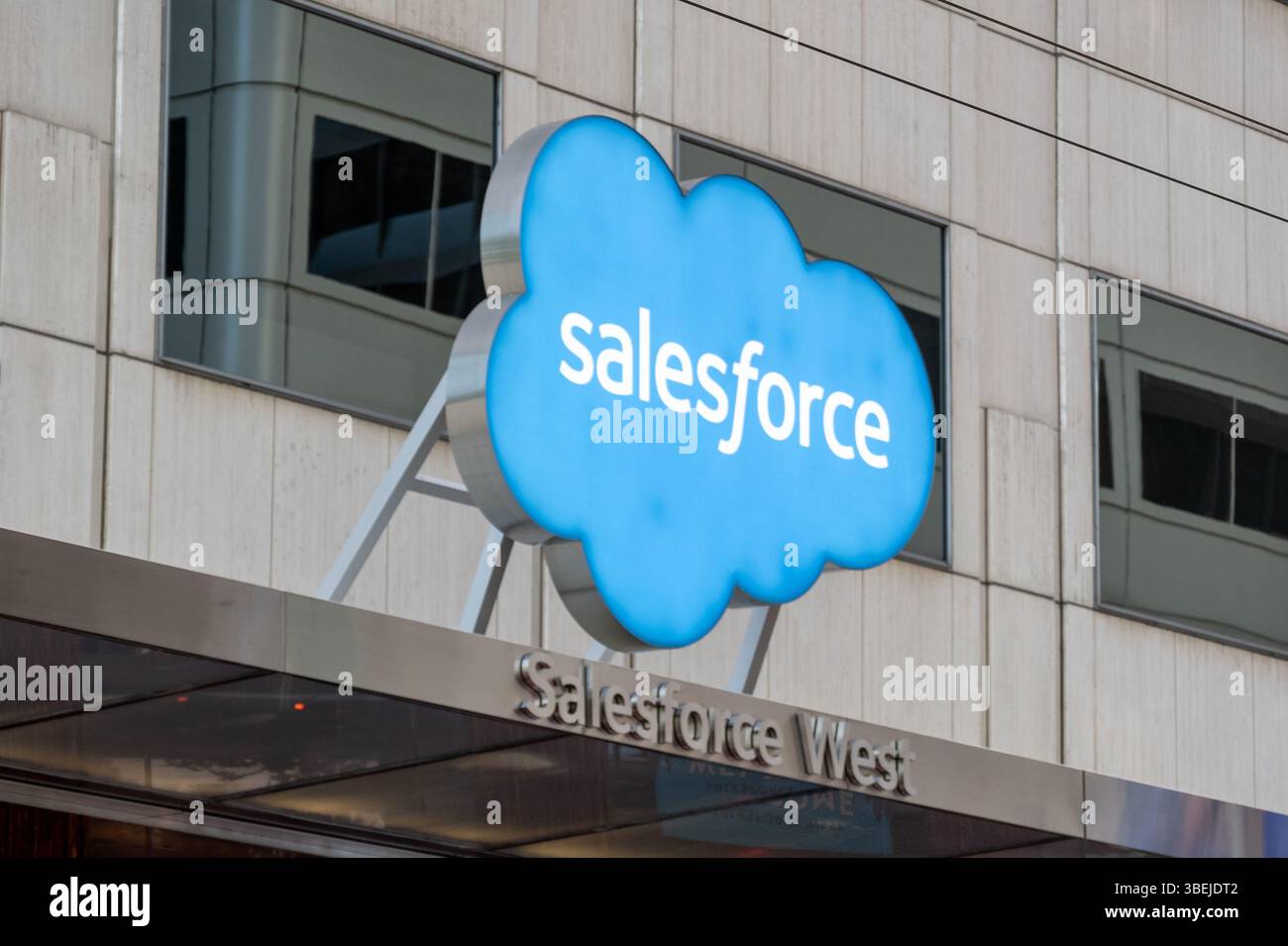 Facade of Salesforce West with company logo on a sunny day, San ...