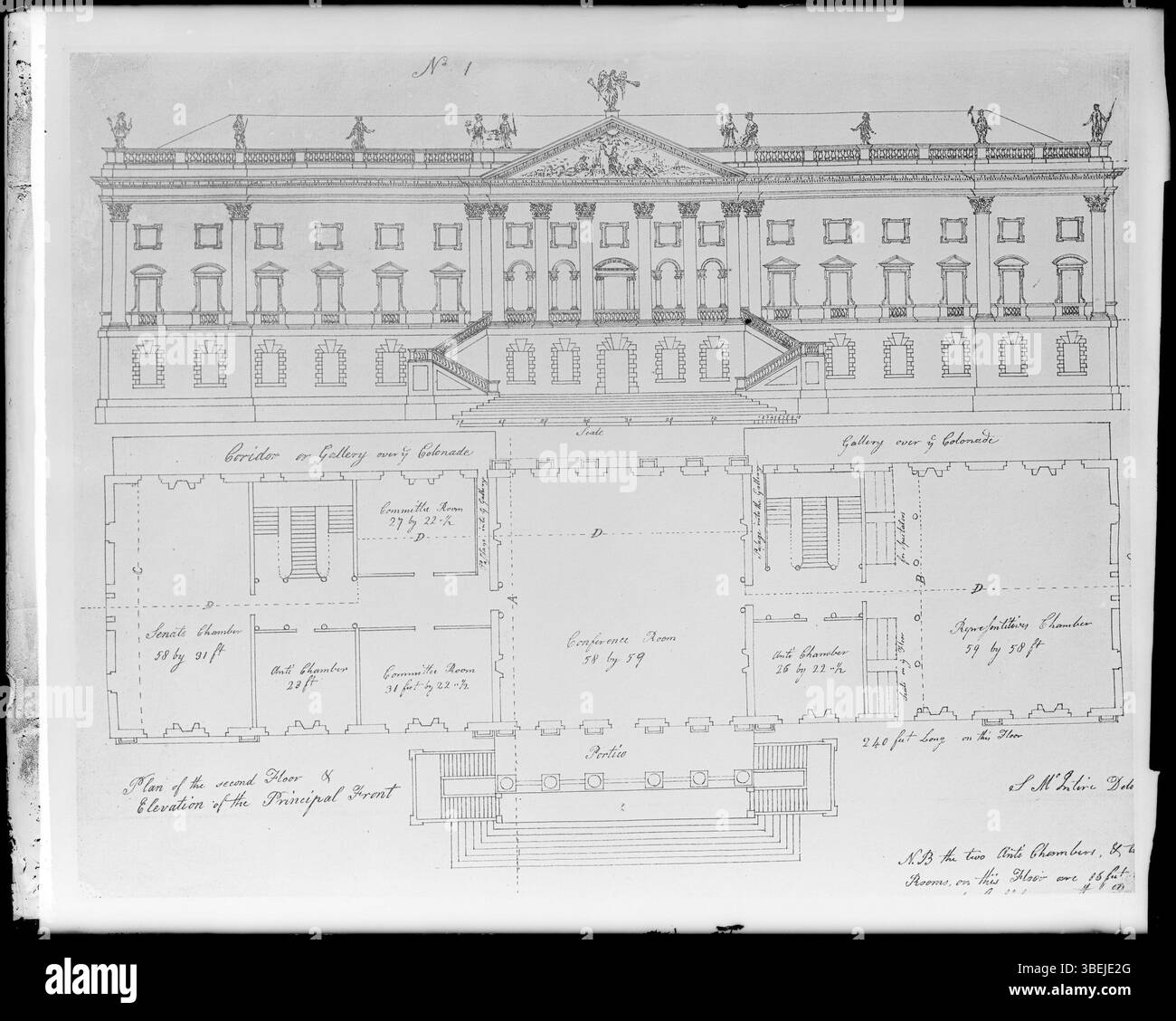This 1793 plan details the elevation for the front and second floors of ...