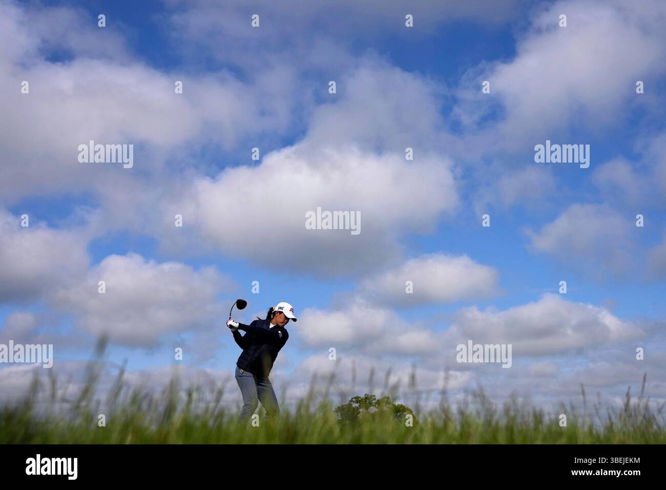 Celine Boutier, of France, hits on the 15th hole during the first round ...