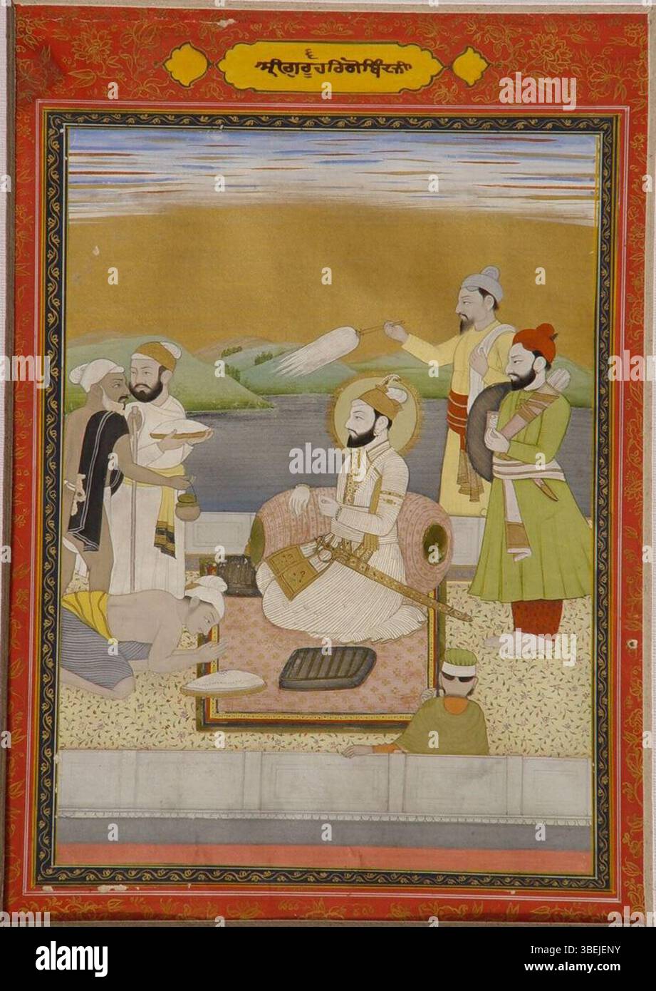 This 18th or 19th-century painting of Guru Hargobind includes a red ...